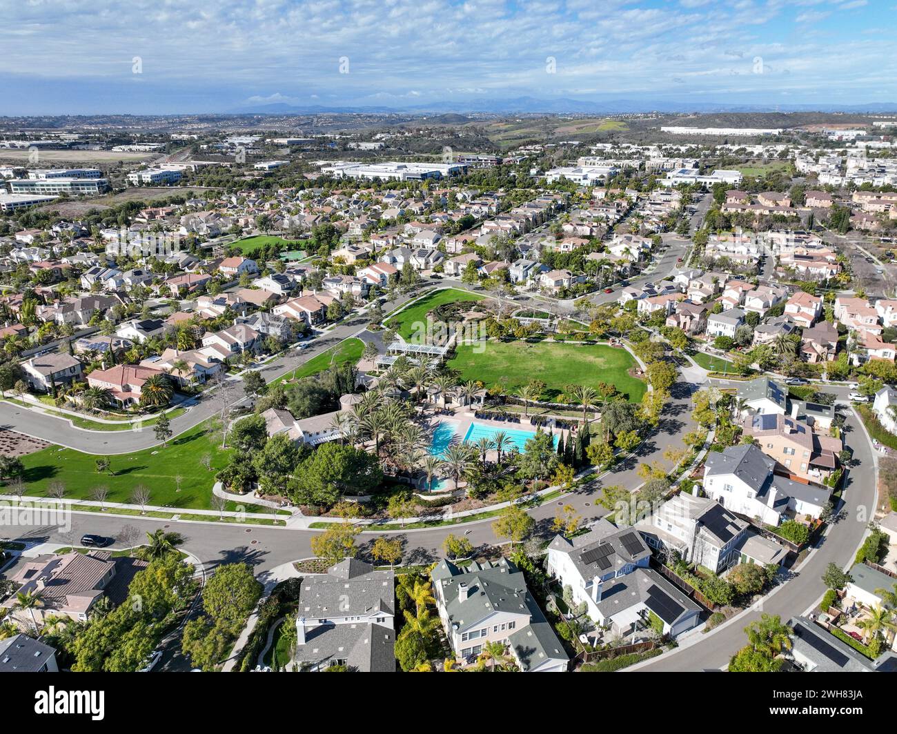 Aerial view of large-scale villa in wealthy residential town of ...