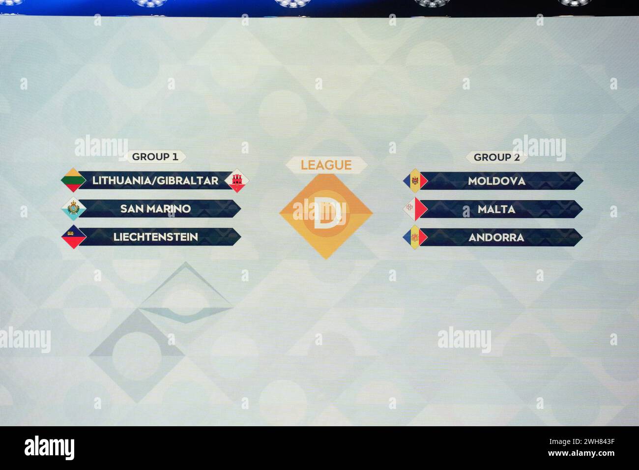 The display board shows the draw group D during the UEFA soccer Nations ...
