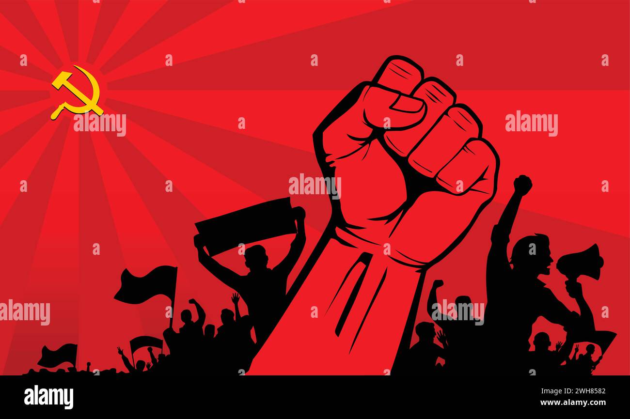 Raised fist street protest above crowd rebels with flags and streamer ...