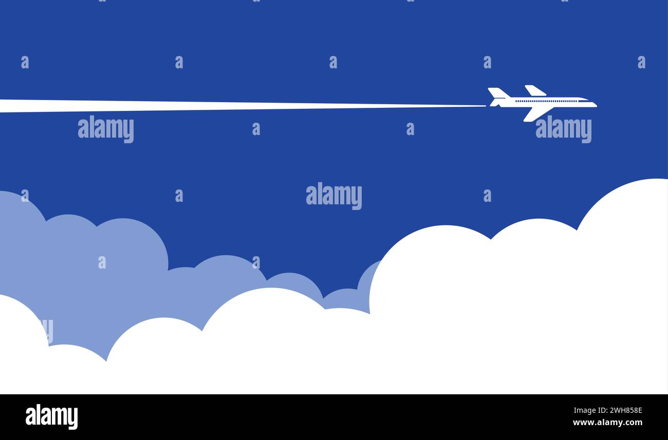 White plane in the blue sky flying above the clouds. Vector background ...