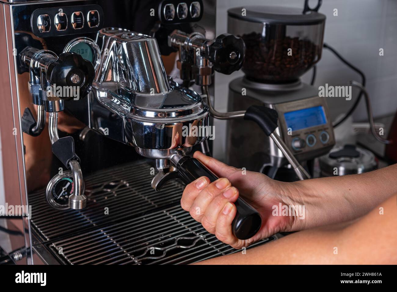preparation for making espresso coffee in a machine Stock Photo - Alamy