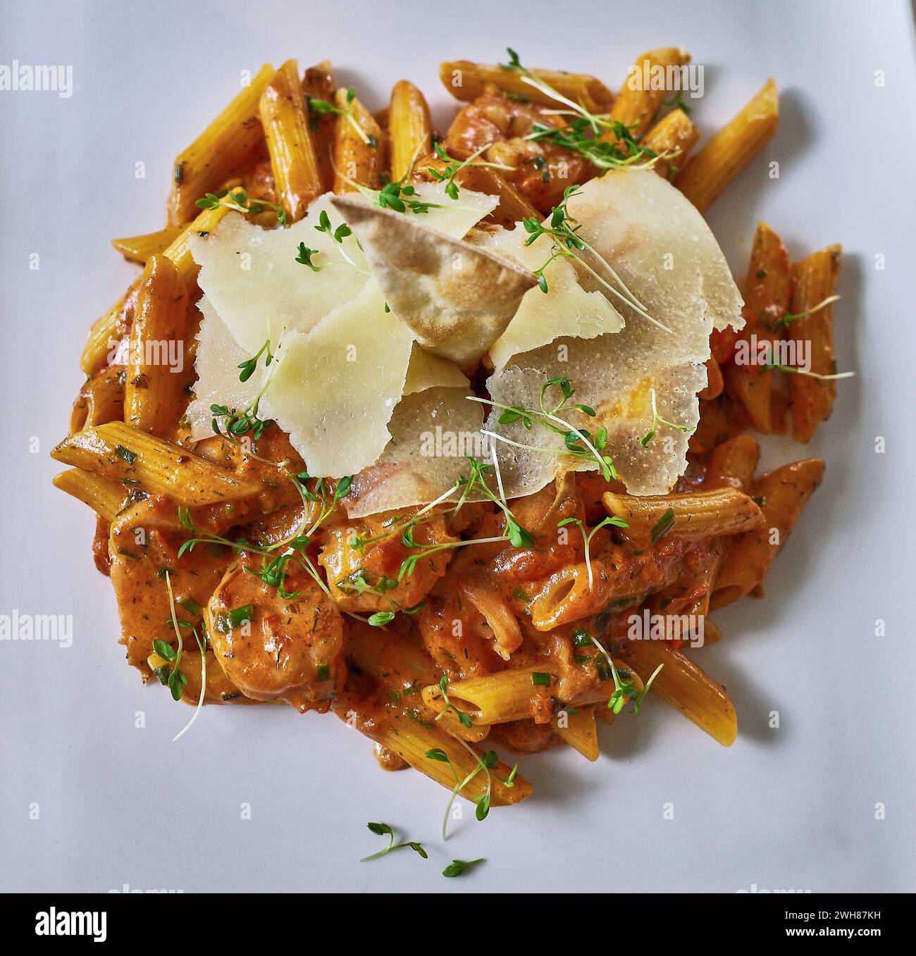 Gourmet Penne Pasta and Seafood Dinner with cheese topping on white ...