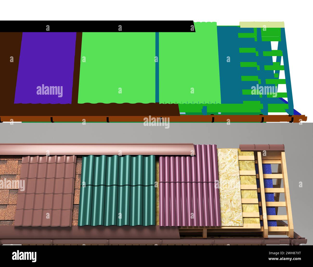 the roof of the house concept different types of roofing on a wooden ...
