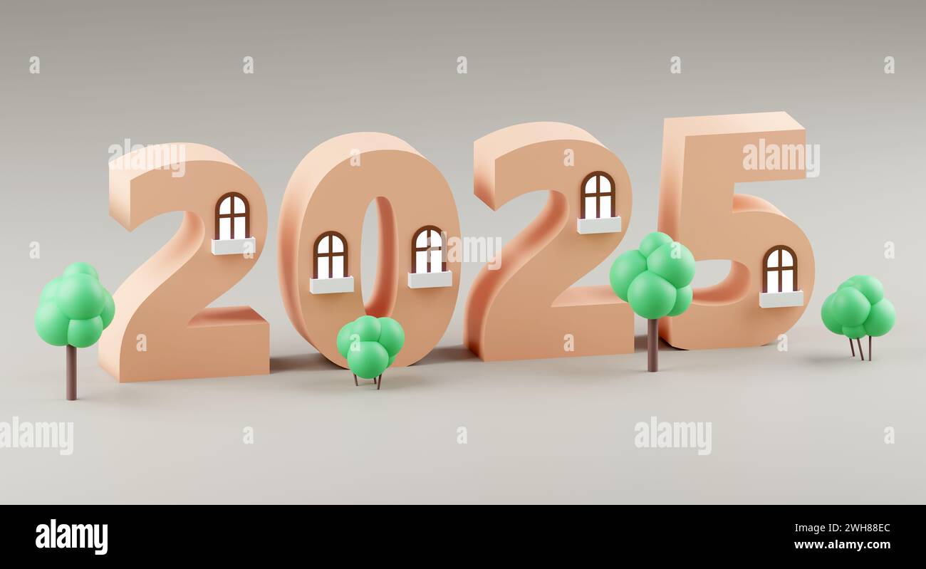 3d Cute little houses on grey background saying 2025. 3D render ...