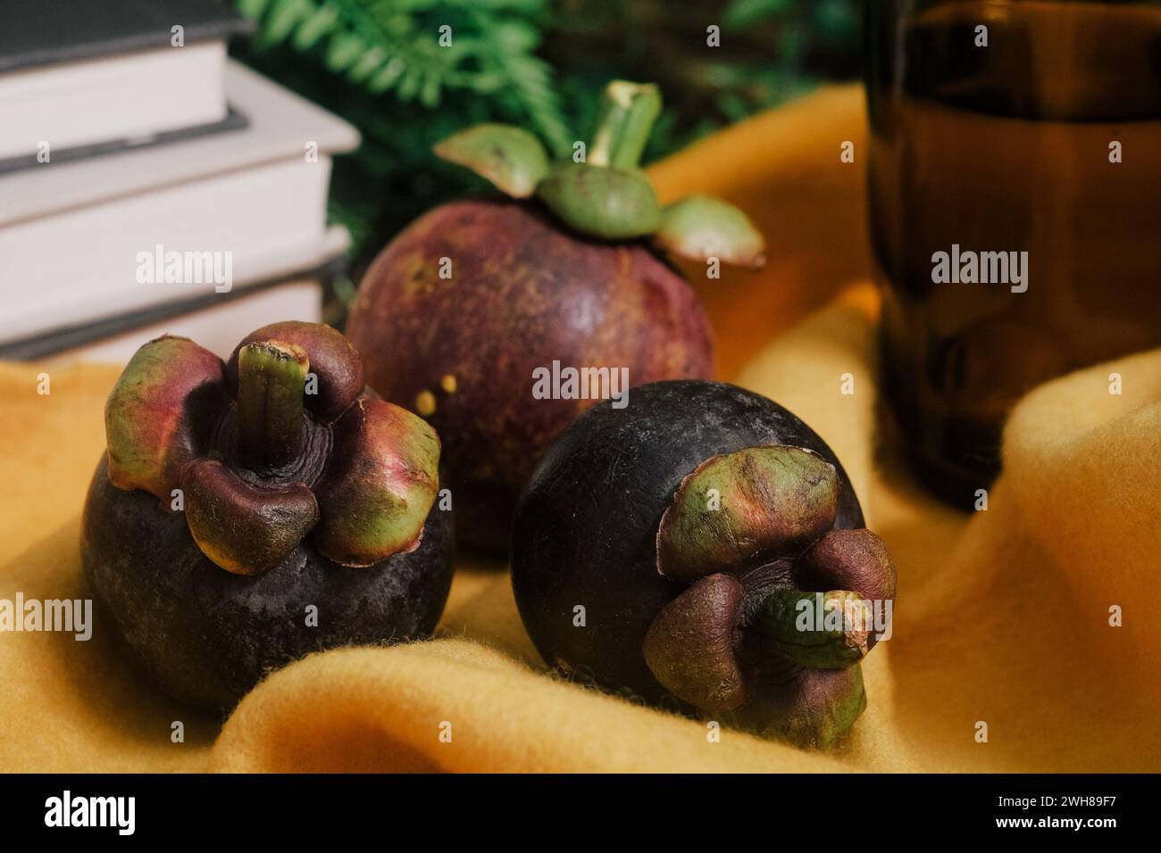 Close-up of three Mangosteens, a fibrous tropical superfruit. Lush ...