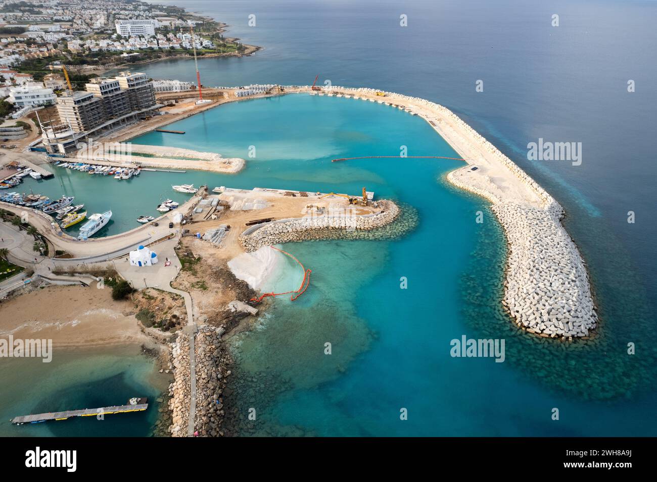 Drone aerial scenery of marina under construction. Paralimni fishing ...