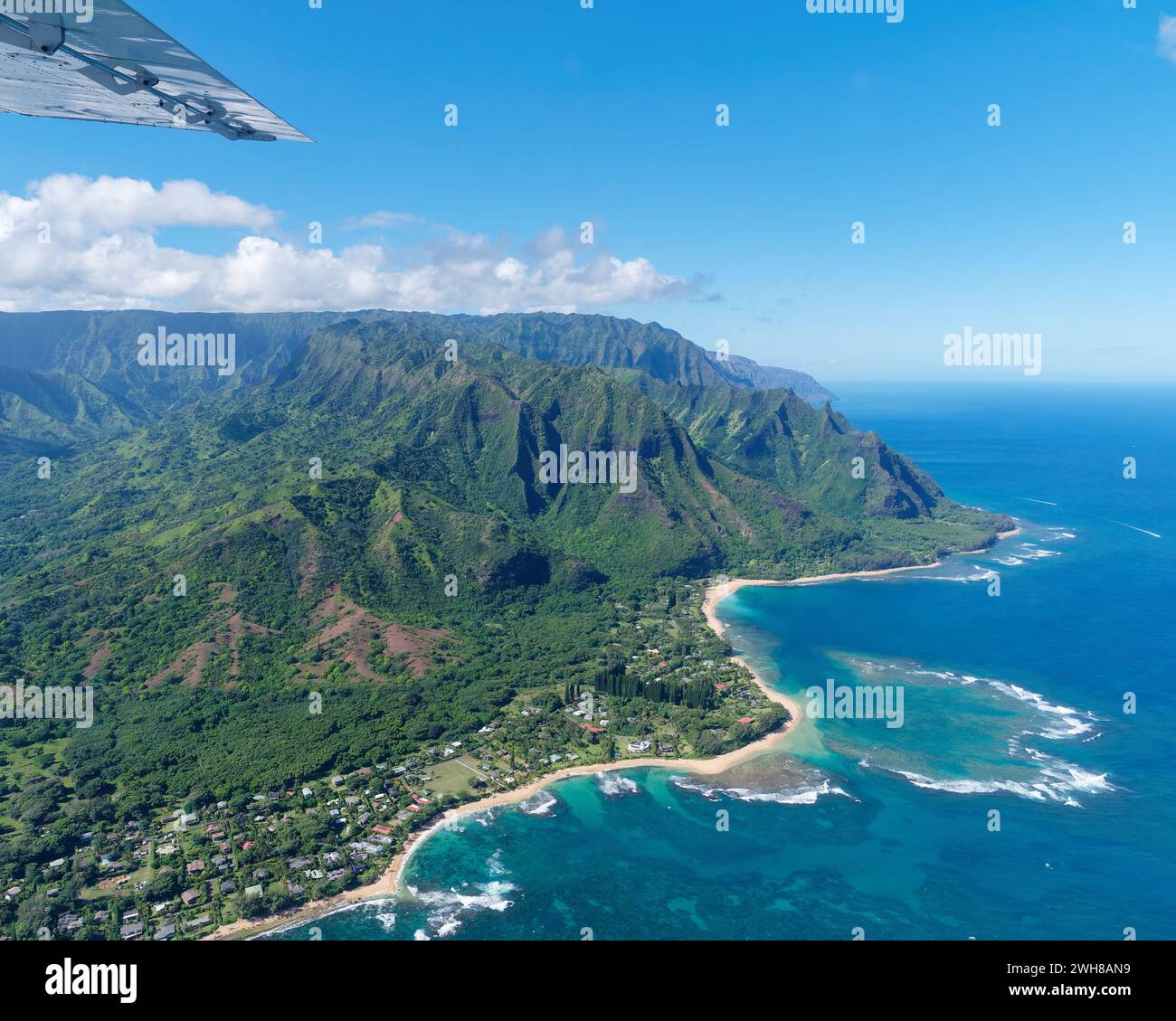 Aerial view of a vibrant verdant coastal landscape with lush mountains ...