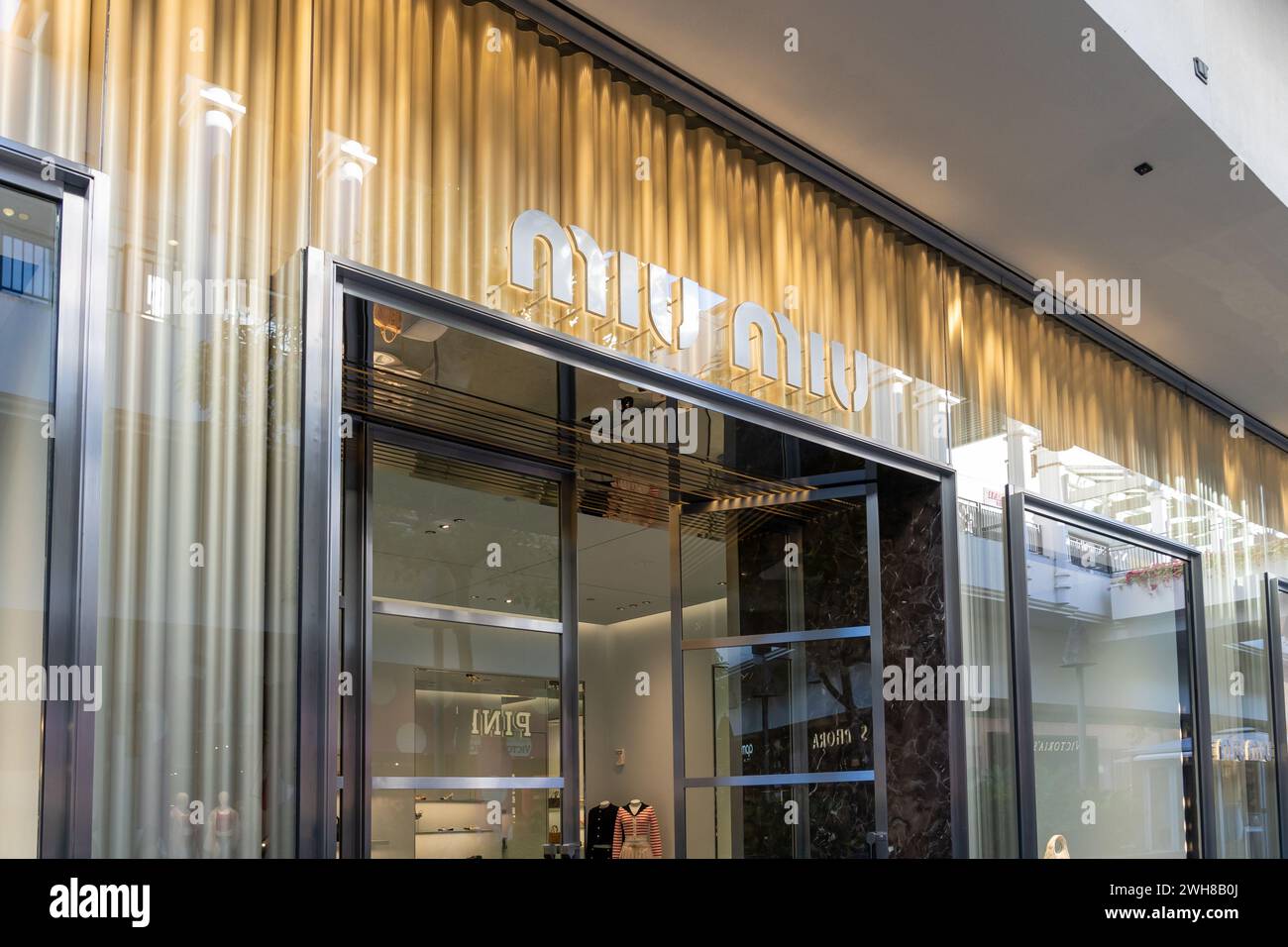 Close-up of Miu Miu logo at their store in a shopping mall in Waikiki ...