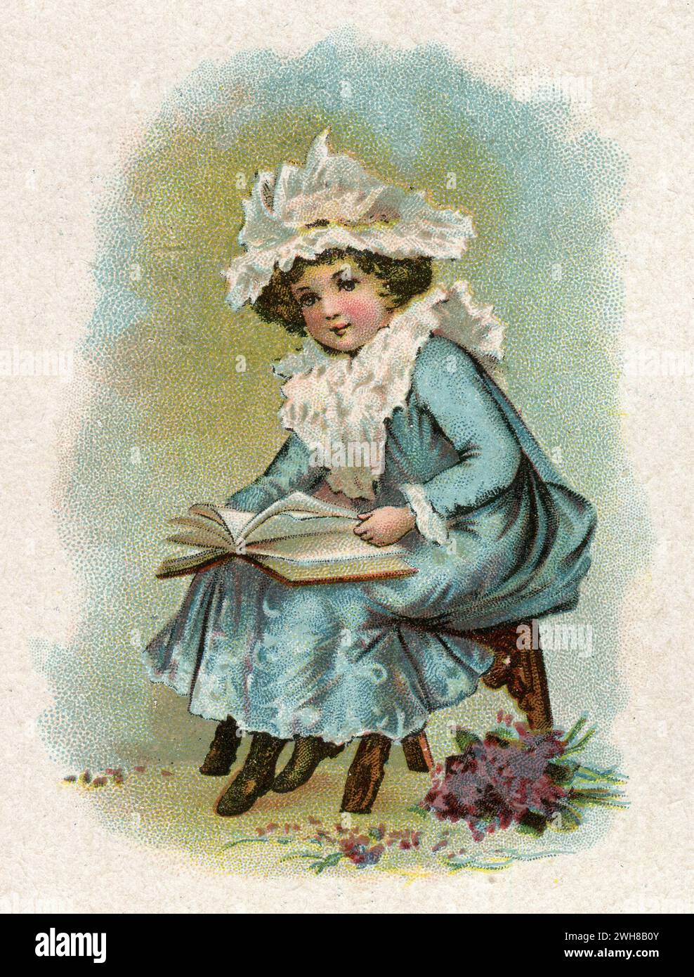 A charming Victorian colour print of a young girl sitting on a stool ...