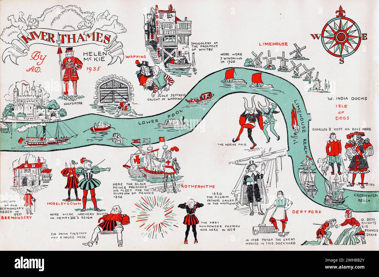 London. 1935 – A pictorial map of the River Thames by Helen McKie. This ...