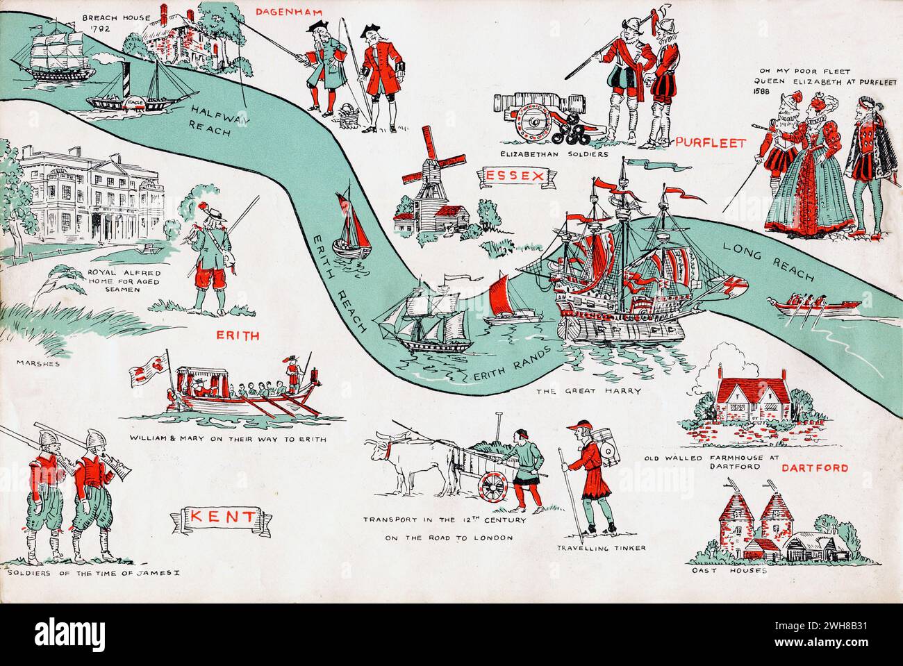 Kent and Essex. 1935 – A pictorial map of the River Thames by Helen ...