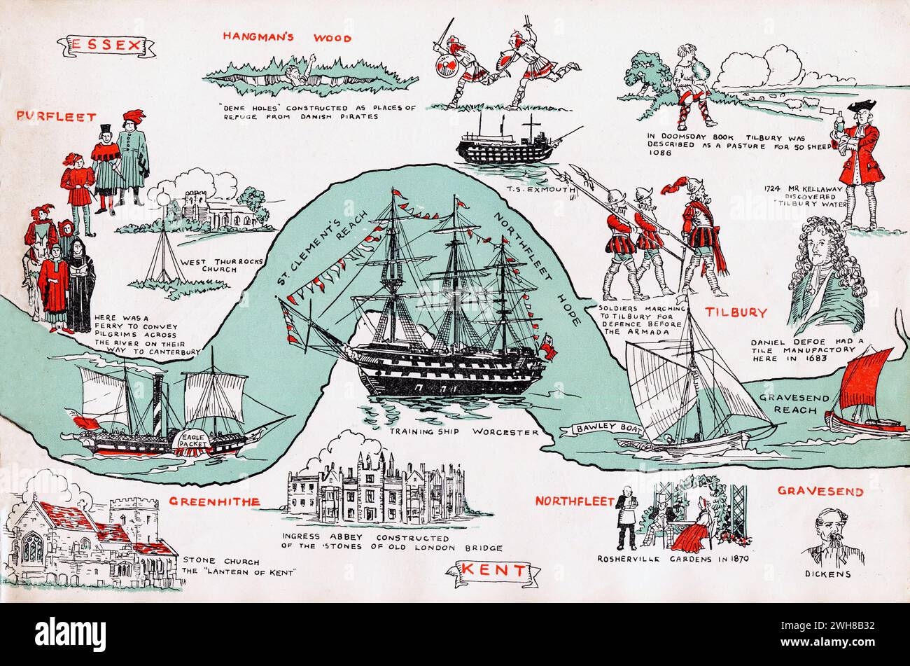 Kent and Essex. 1935 – A pictorial map of the River Thames by Helen ...