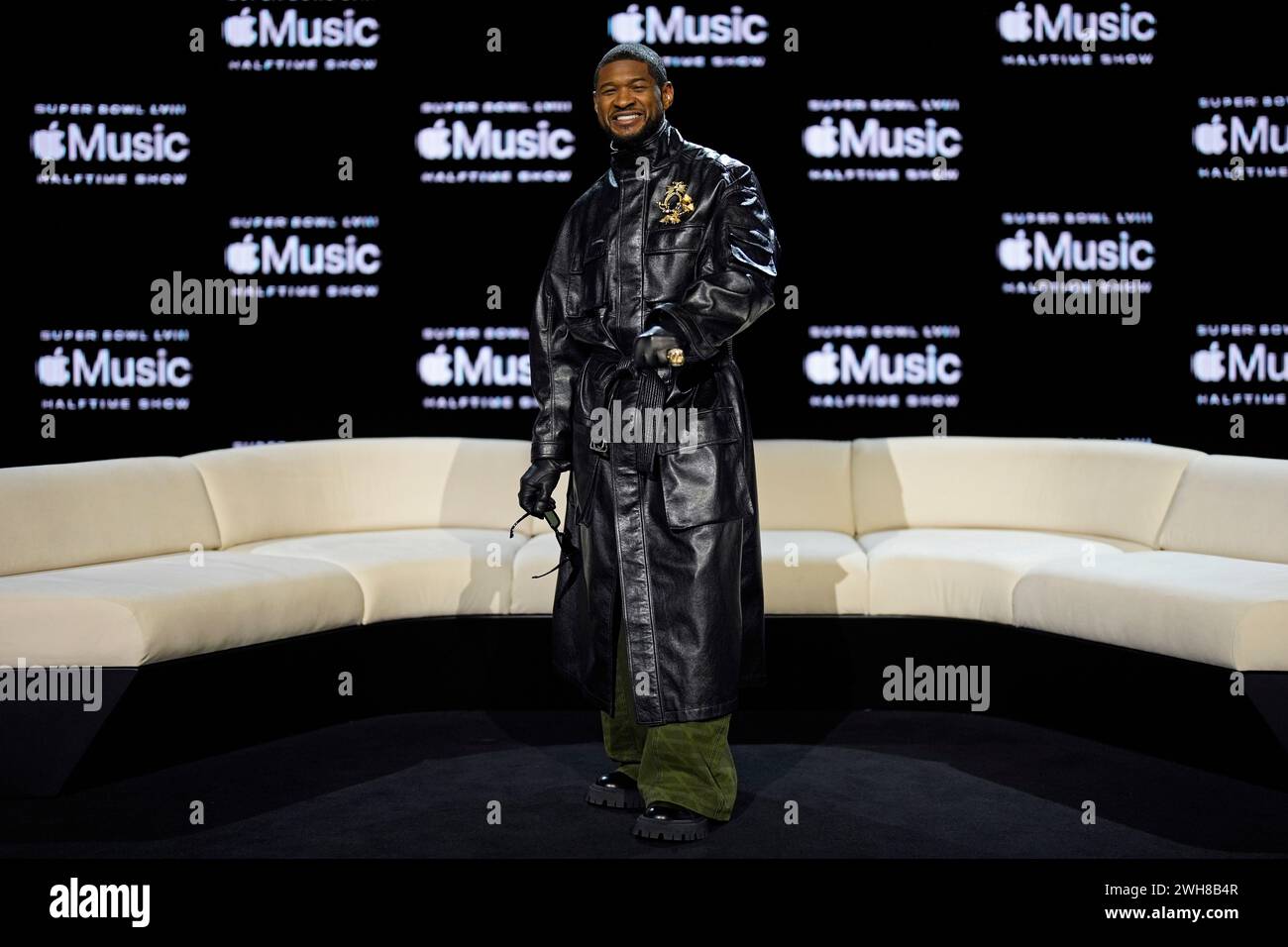 Usher poses for a photograph during the Apple Music Super Bowl LVIII ...
