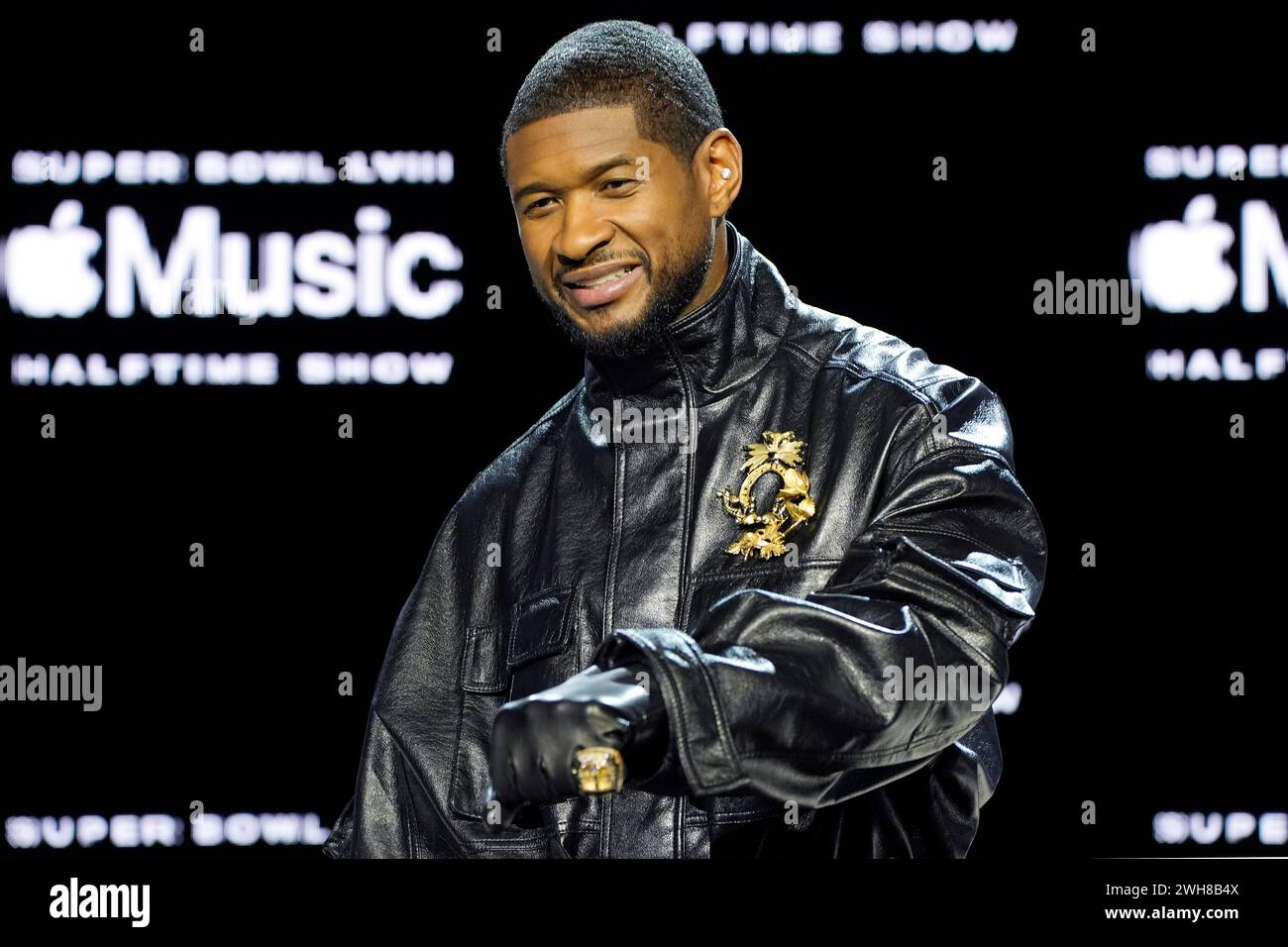 Usher poses for a photograph during the Apple Music Super Bowl LVIII ...