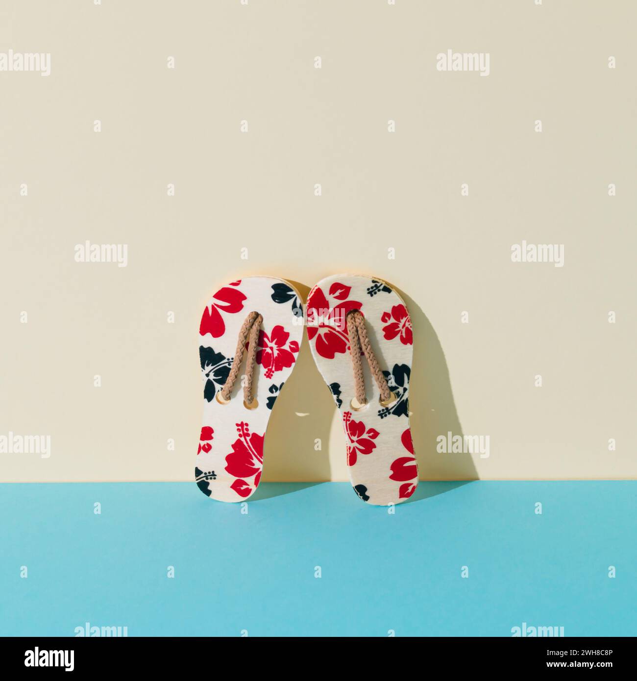 Floral summer slippers on bright blue and light sandy beige background ...