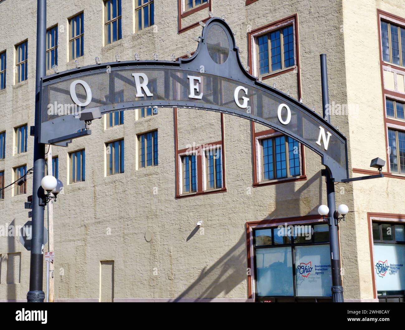 Sign for the Oregon entertainment district in Dayton Ohio USA 2023. The ...
