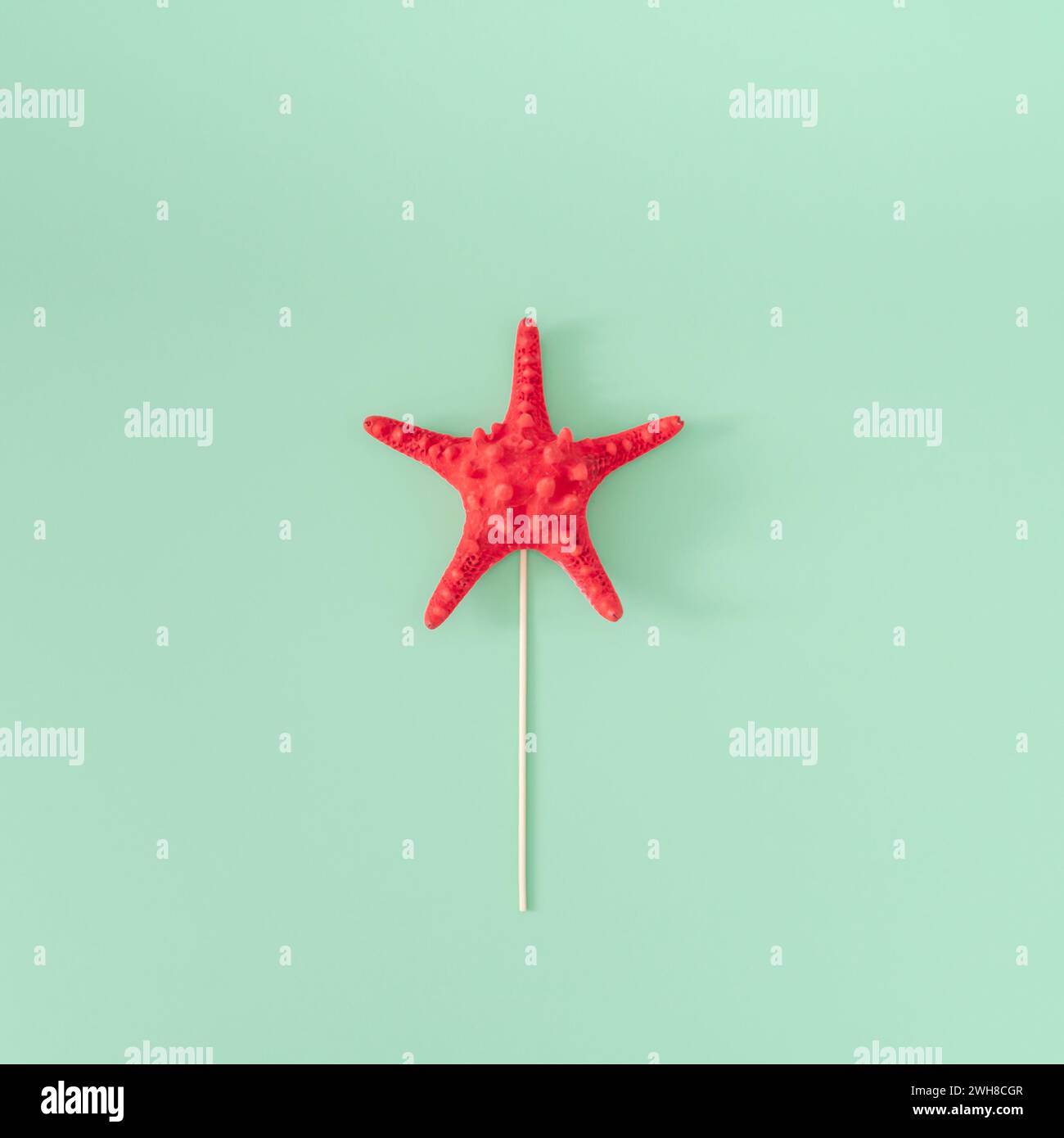 Trendy summer layout made with red starfish with lollipop stick on ...