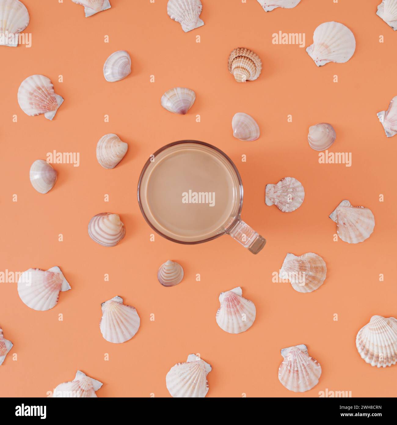Creative summer composition made with cup of coffee and sea shells on ...