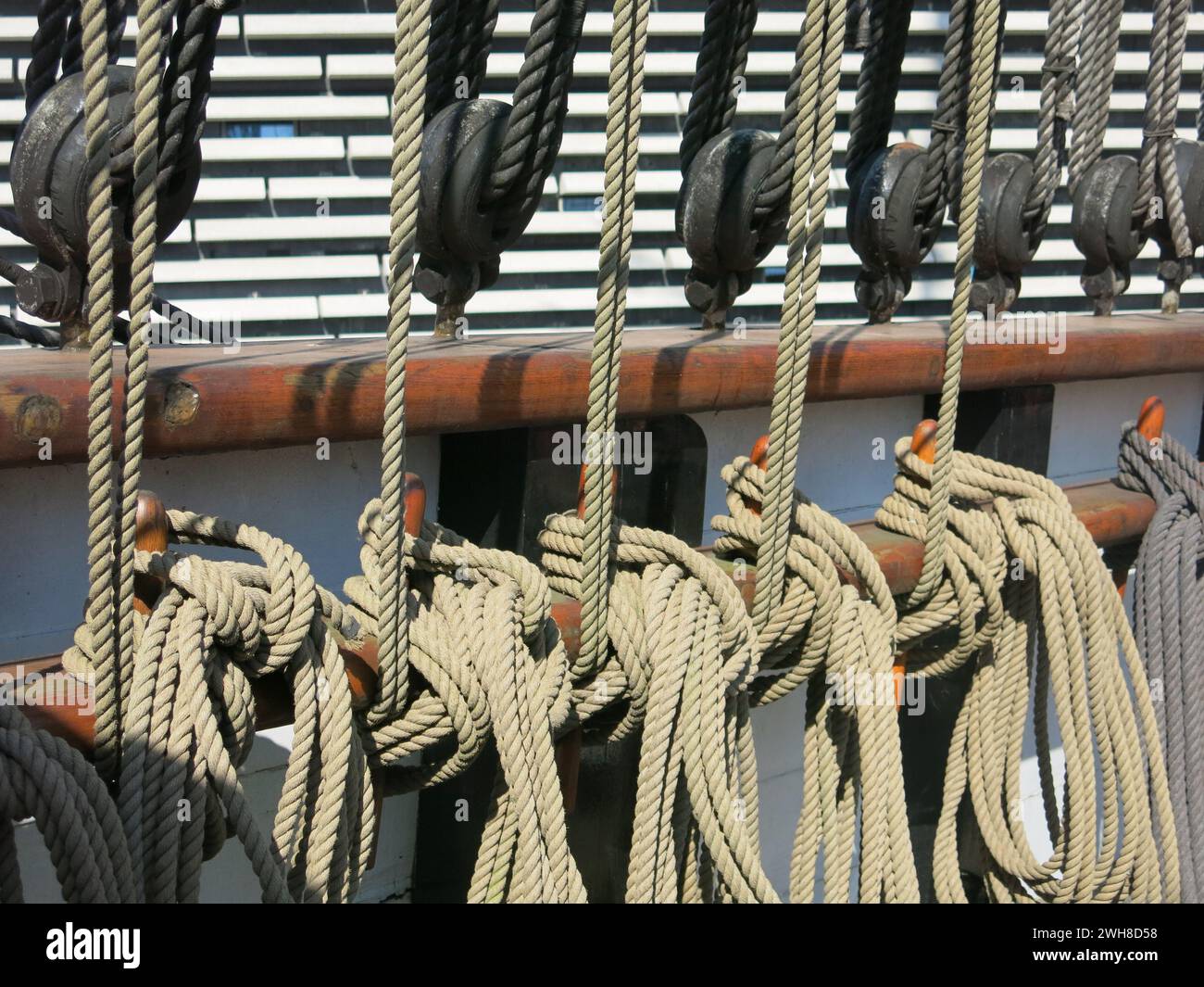 Close-up of the ropes and pulleys on Captain Scott's Royal Research ...