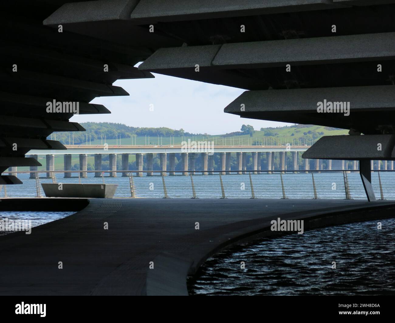 View through the underpass beneath the V&A Dundee design museum looking ...