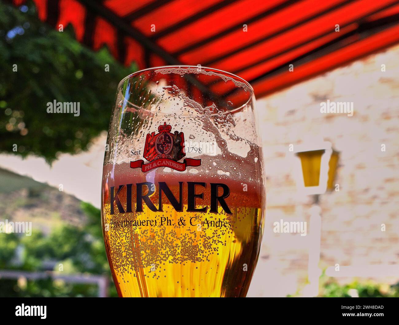 Beer Glass from famous private brewery in Germany. Kirner Beer. Close ...