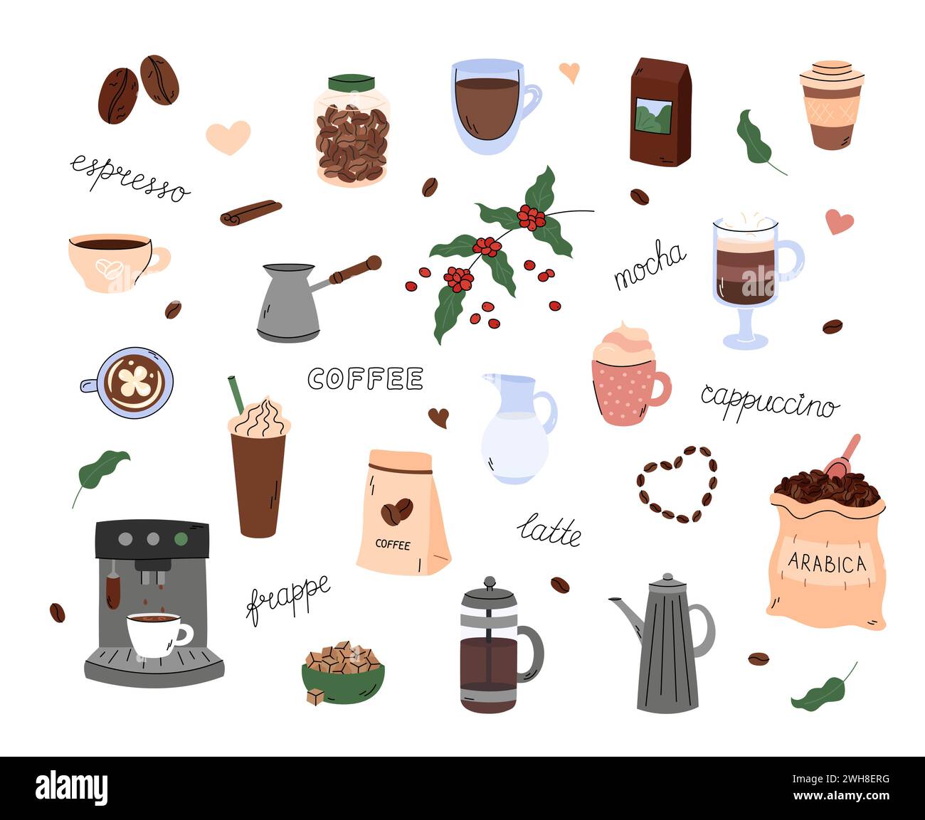 Coffee doodles vector set. Cute cartoon design elements. Simple hand ...
