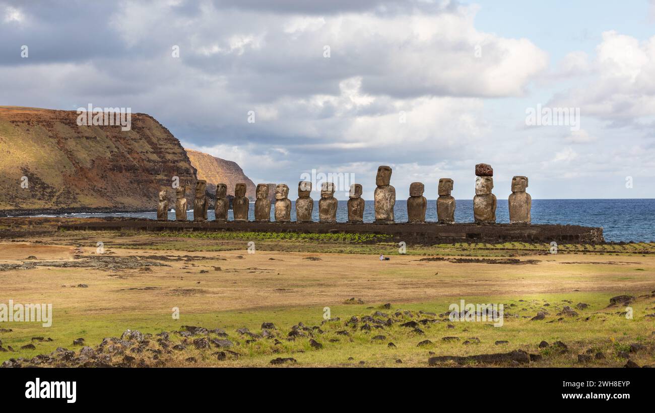 The 15 Moais, from Ahu Tongariki in the hilly landscape of Rapa Nui on ...