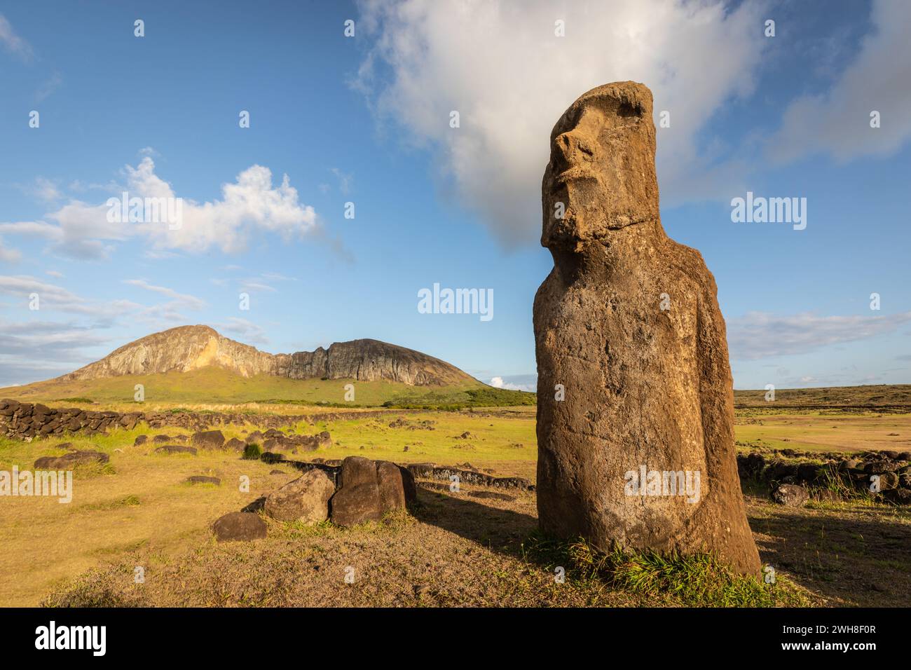 A single moai stands at sunrise in front of a green mountain in Ahu ...