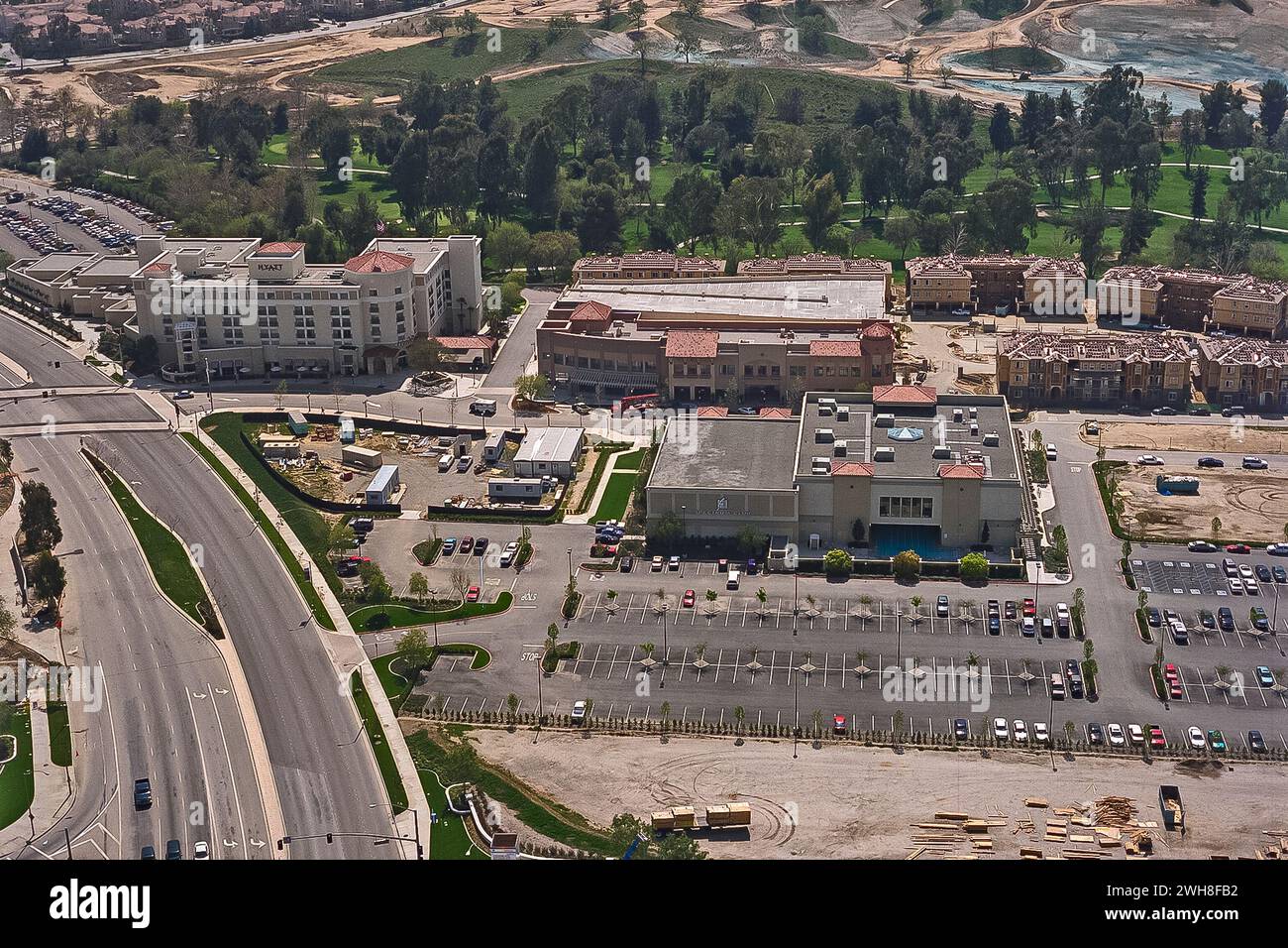 Aerial view of the Spectrum Club and the Hyatt Hotel near a roadway in ...