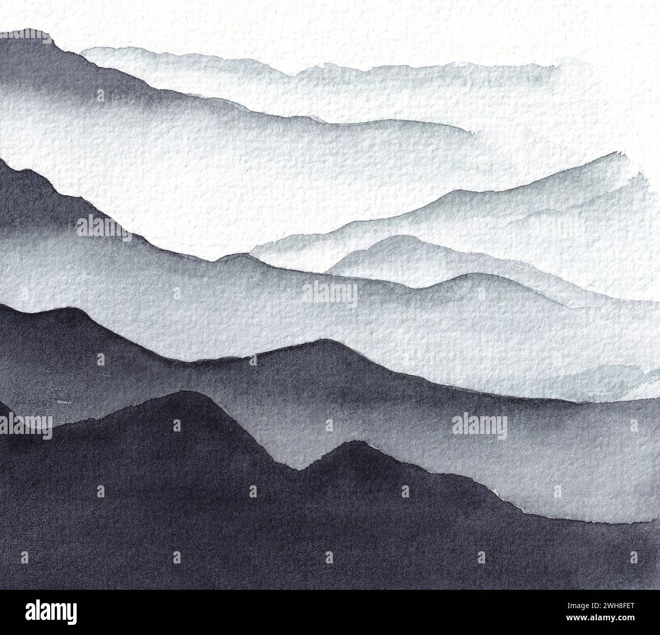 Hand drawn watercolor painting of foggy mountains. Landscape with ...