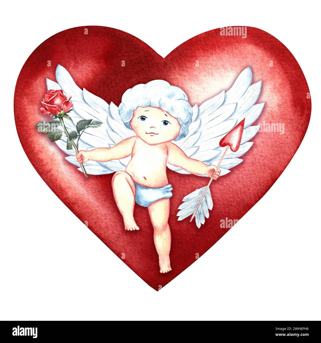 A cute little cupid with an arrow and a rose on the background of a red ...