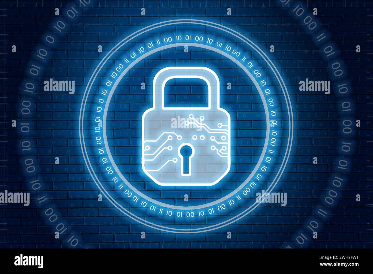 Digital Blue Lock Icon Interface With Circle Binary Numders On Brick Wall Background Cyber