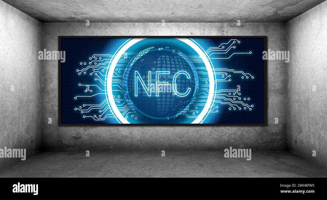 Near field communication interface on digital screen on concrete wall ...