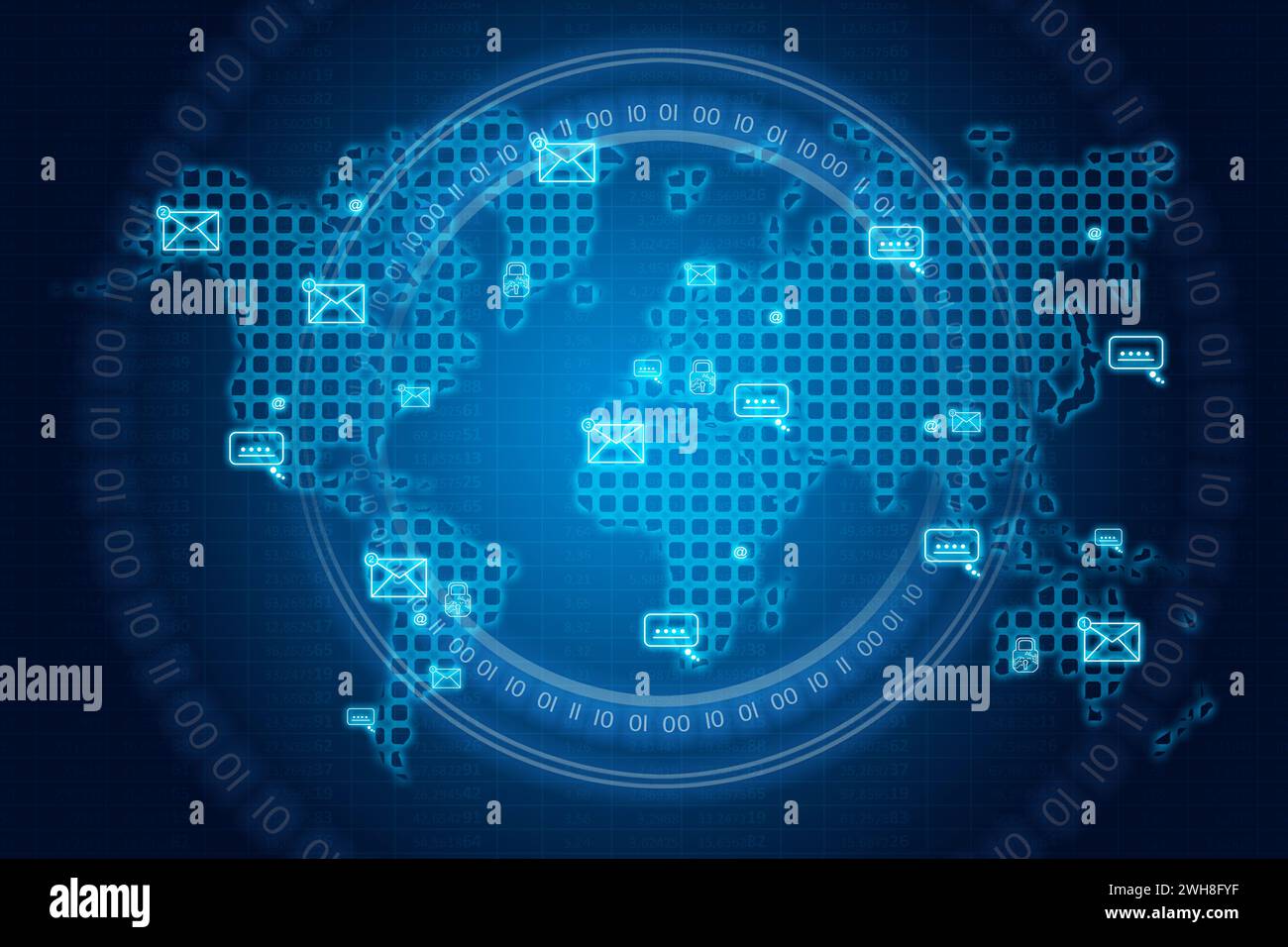 Envelope icons on a world map interface. Global business and ...