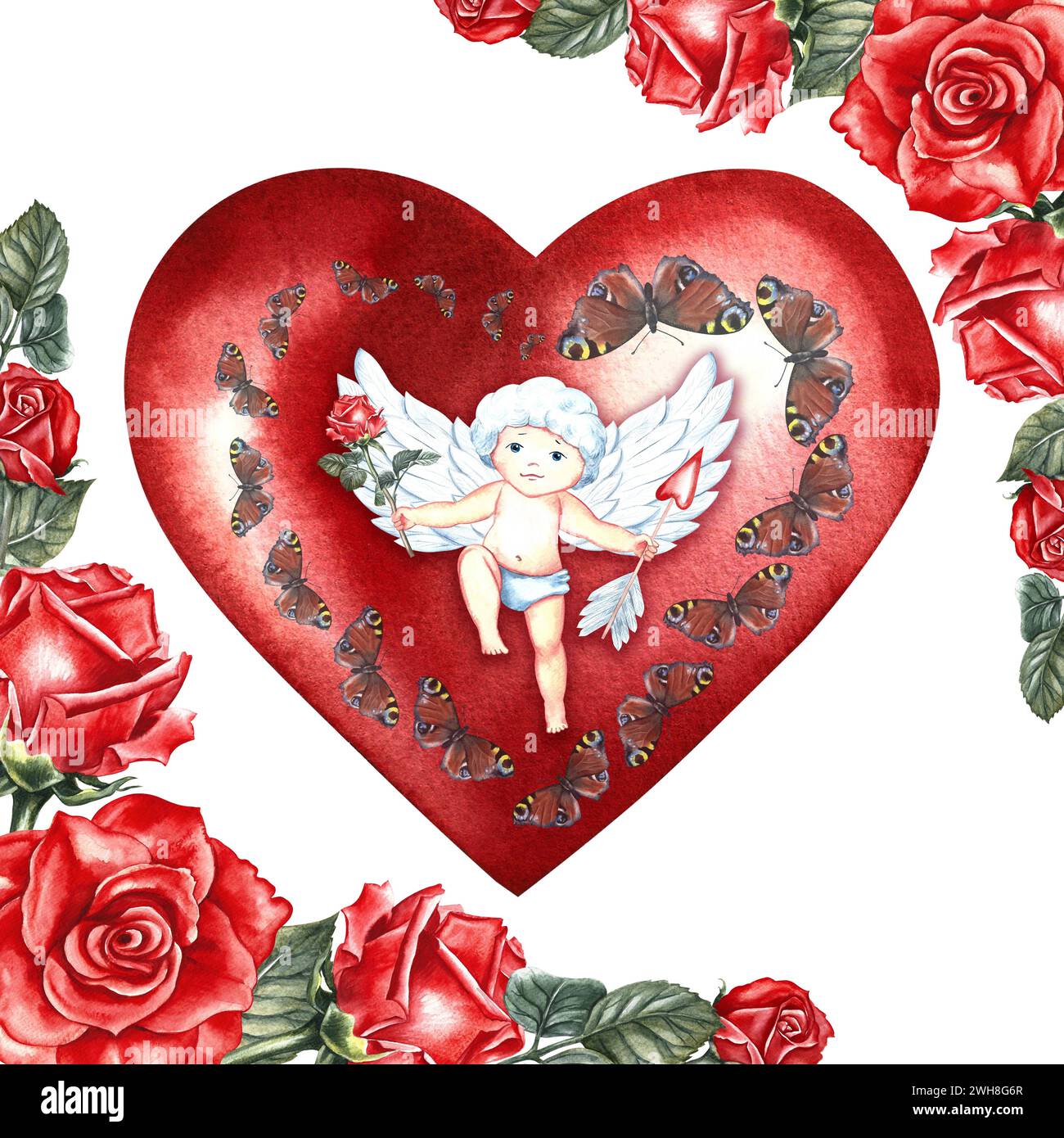 A postcard with a cute little cupid on the background of a red heart ...