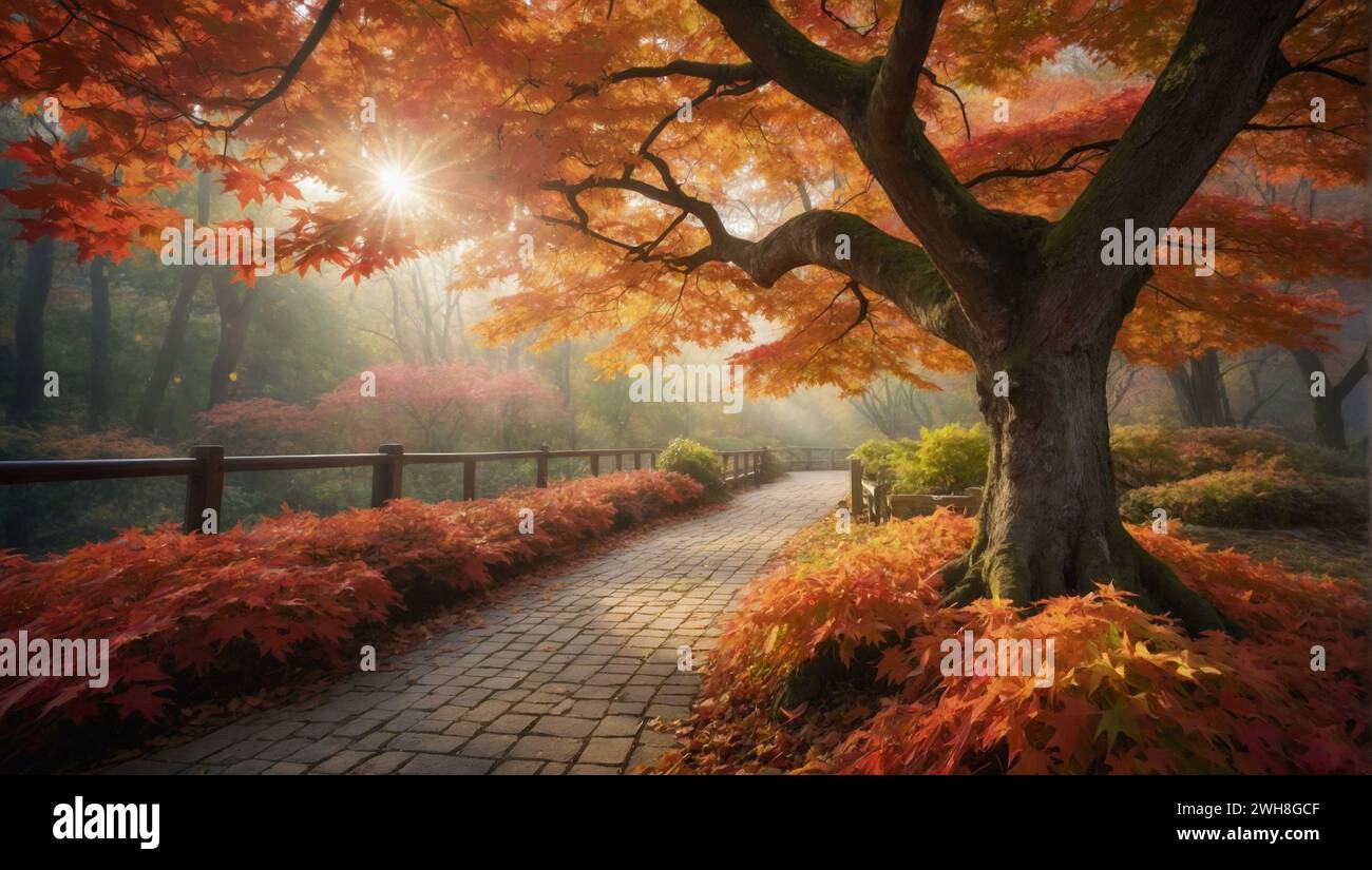 Autumnal splendor in a serene maple garden, with a stone path leading ...