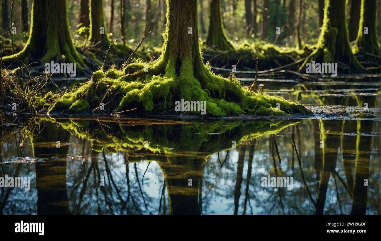 Verdant moss cloaks a tree trunk, mirrored in the still swamp water ...