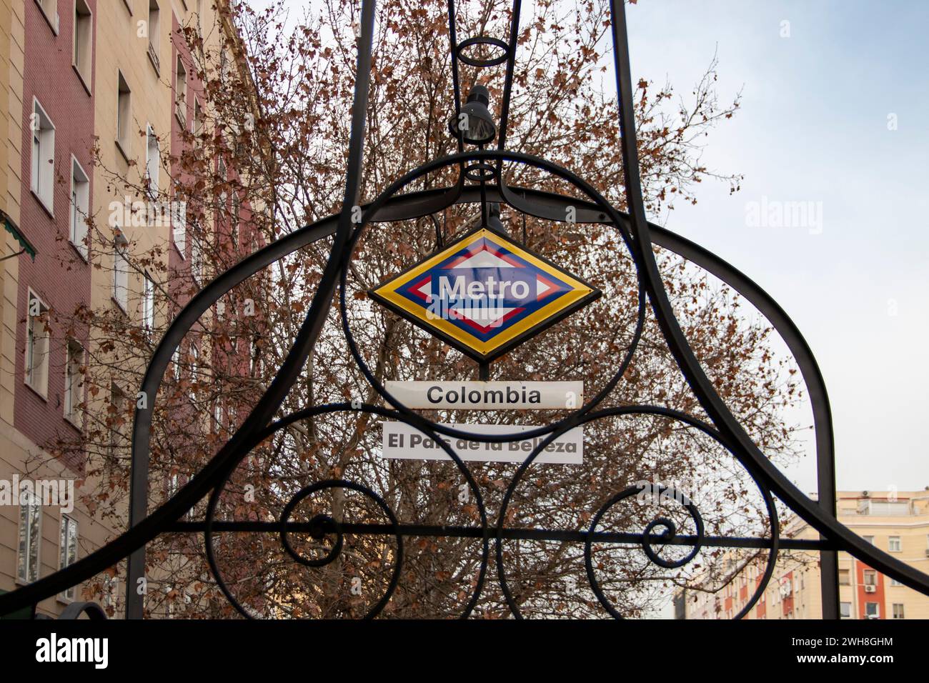 Metro station sign in Madrid, a station called "Colombia" that has been ...