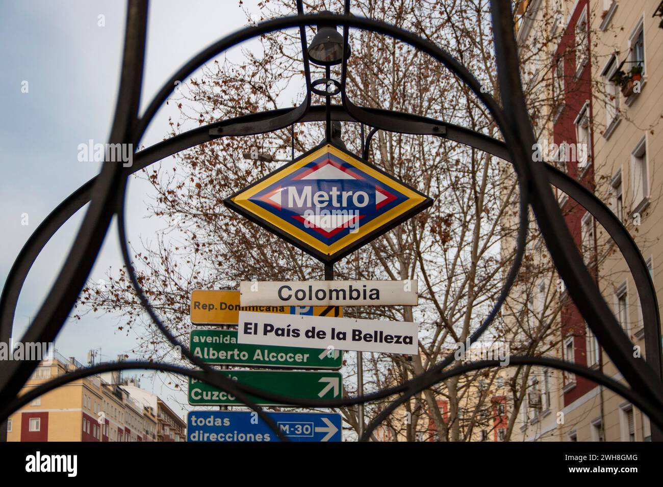 Metro station sign in Madrid, a station called "Colombia" that has been ...