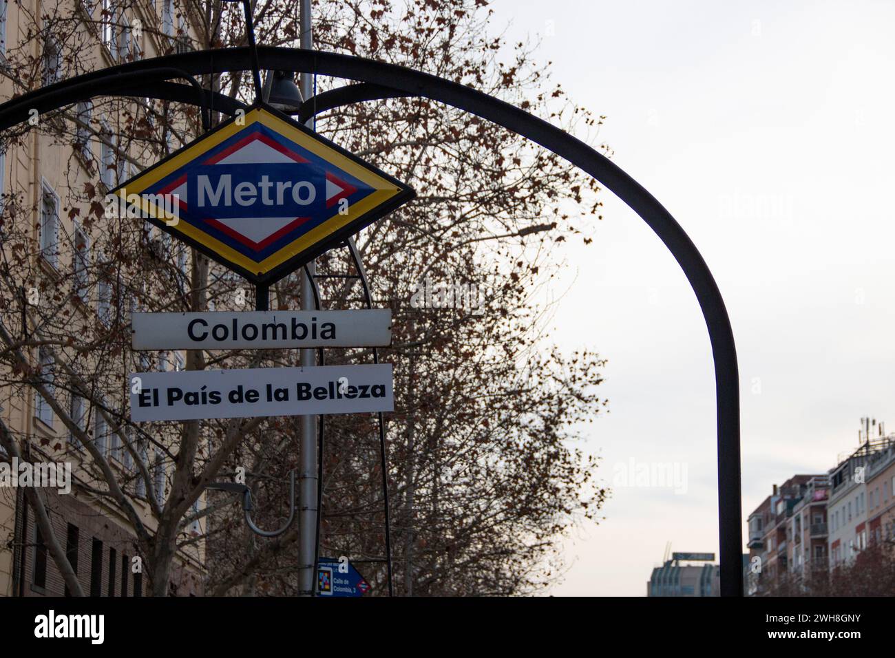 Metro station sign in Madrid, a station called "Colombia" that has been ...