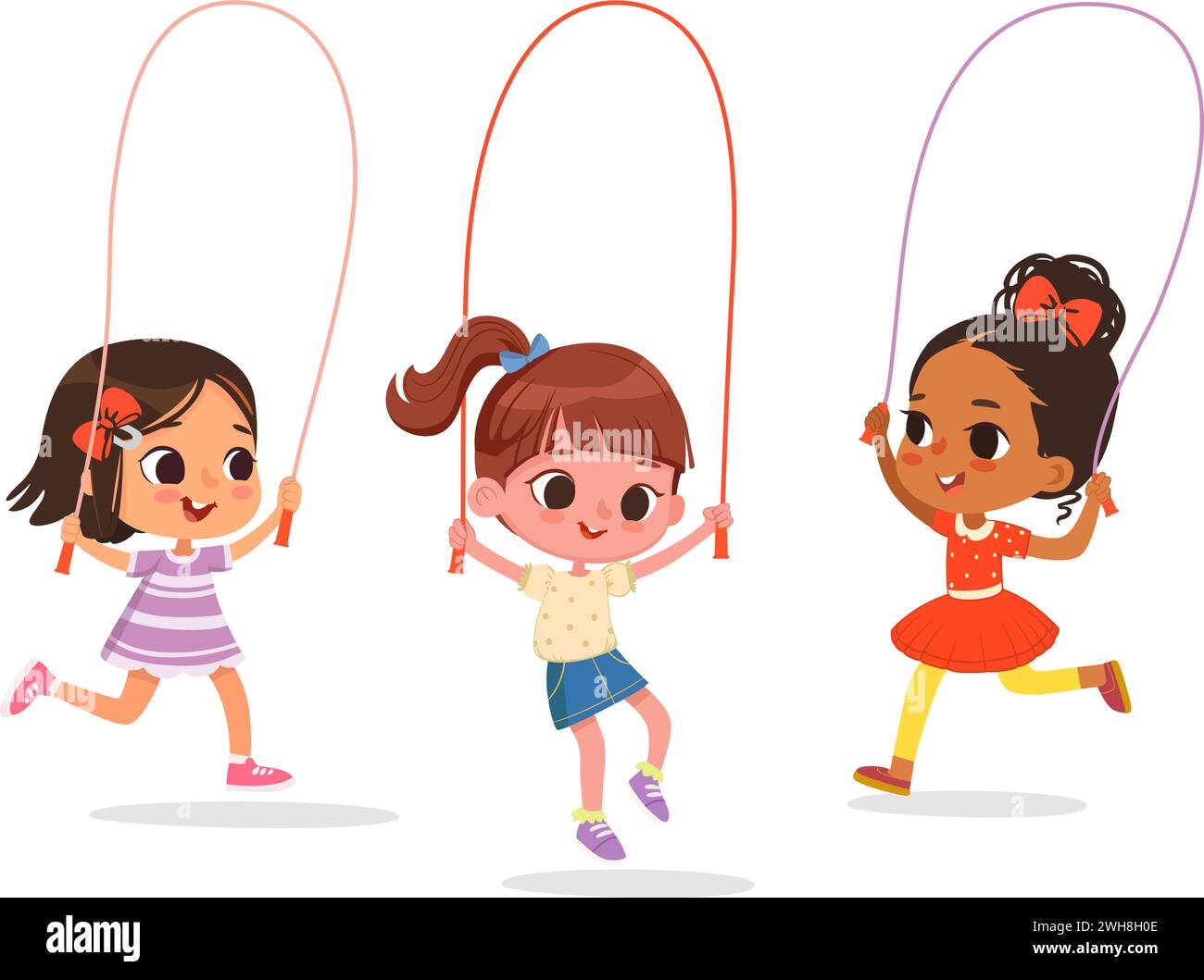 Happy cute multicultural girls play jump rope. Cartoon Illustration of ...
