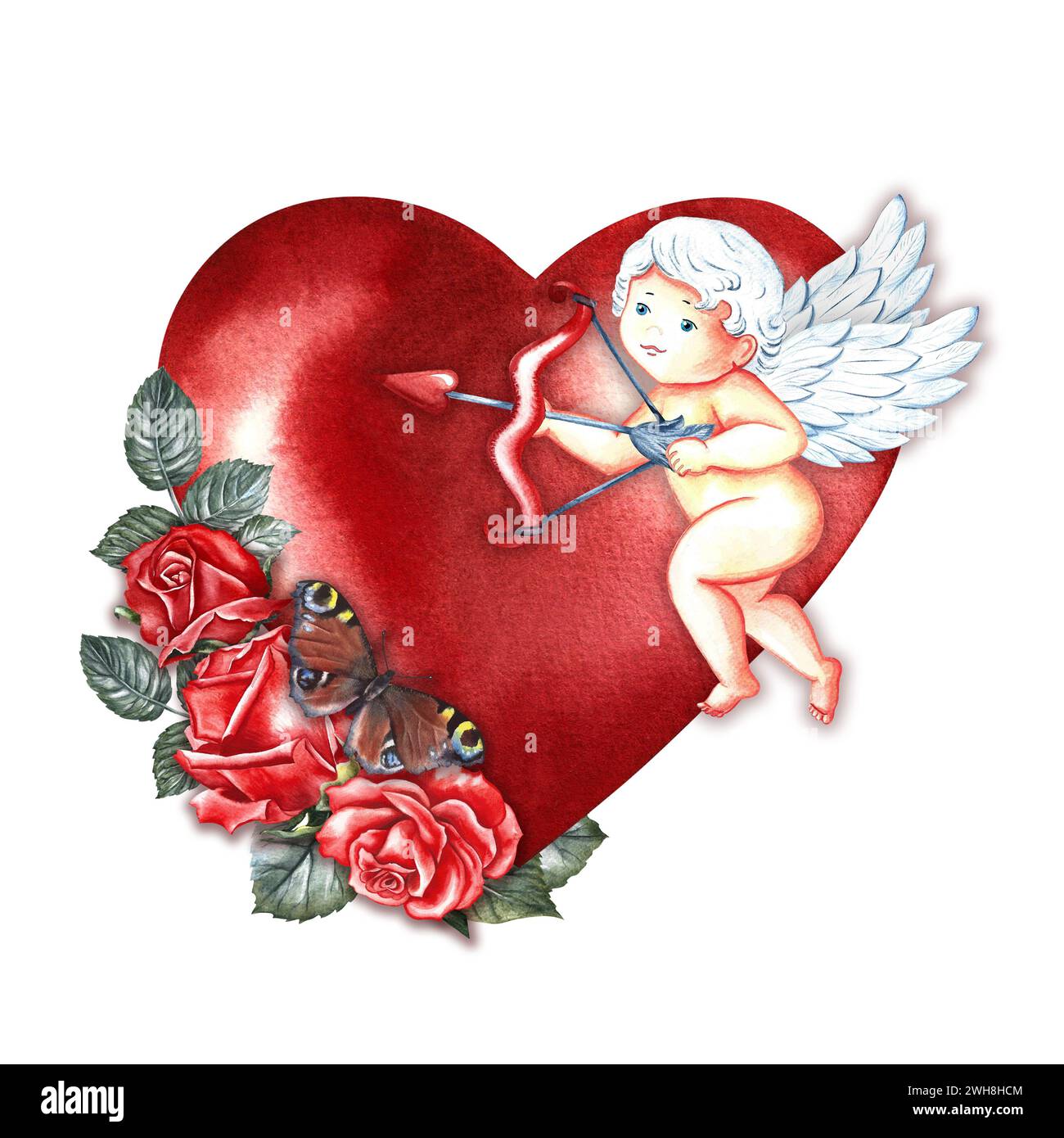 A cute little cupid with an arrow and a rose on the background of a red ...