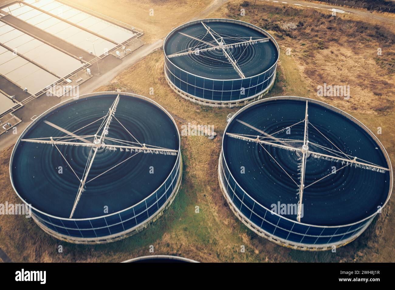 Water treatment plant aerial view from drone. Sewage and wastewater ...