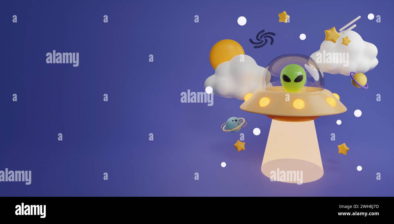 3d Creative cartoon space design with ufo alien with planets and space ...
