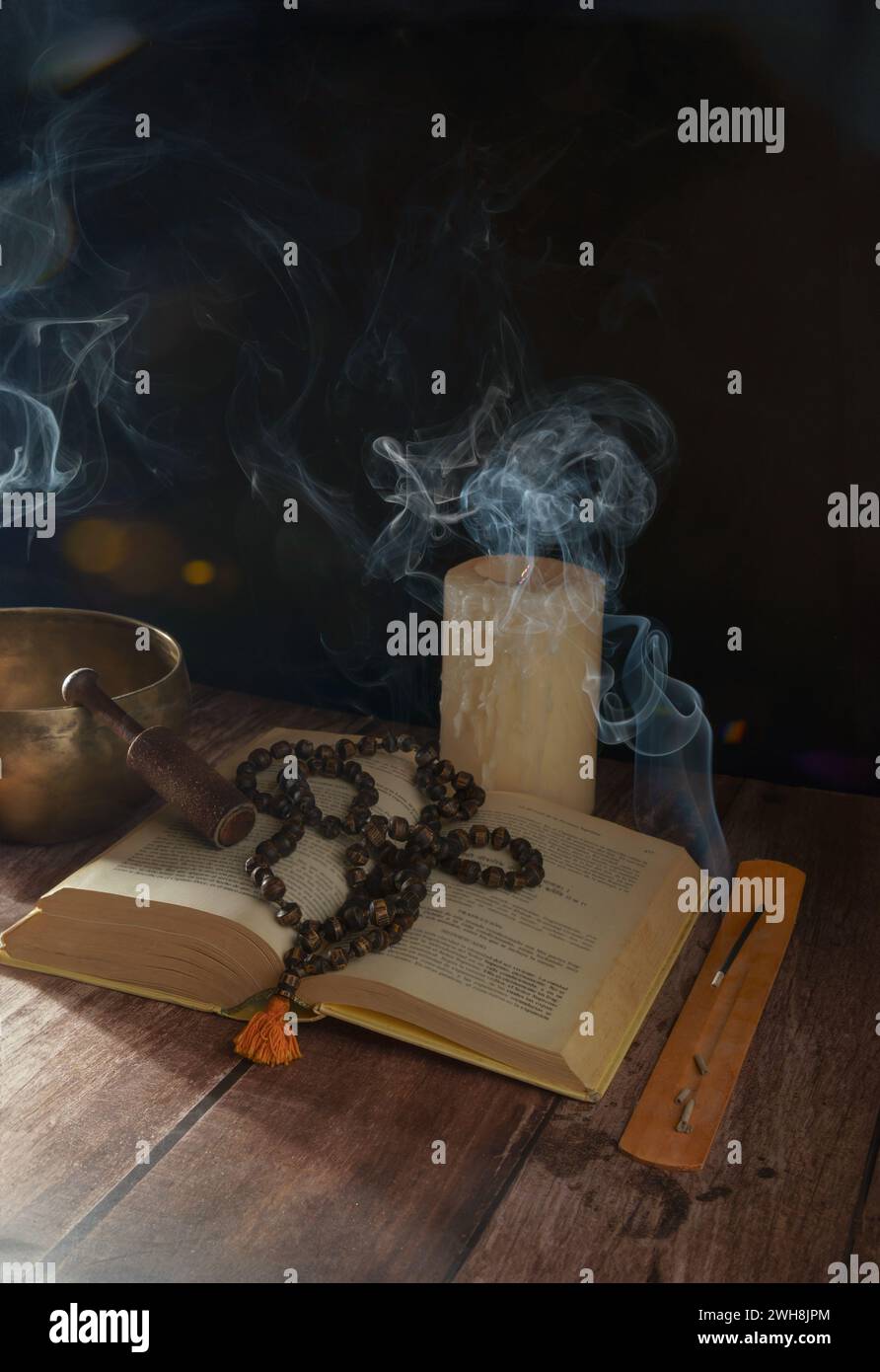 open bhagabad gita sacred book of india with a japamala ,prayer beads ...