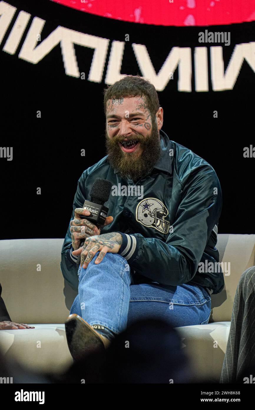 Las Vegas Nevada, USA, February 8, 2024, Rapper Post Malone speaking ...