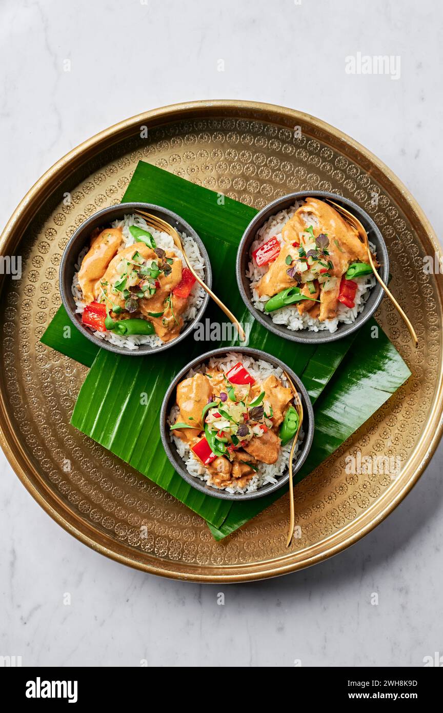 Malaysian style red chicken curry with pineapple & kaffir lime salsa on ...