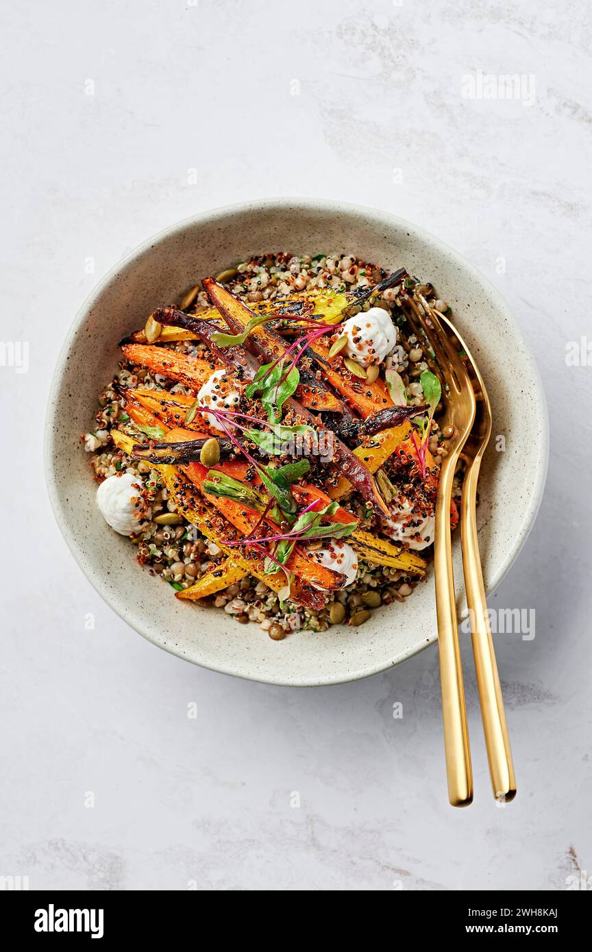 Caraway & honey roasted carrots, lentils, ancient grains, crispy puffed ...