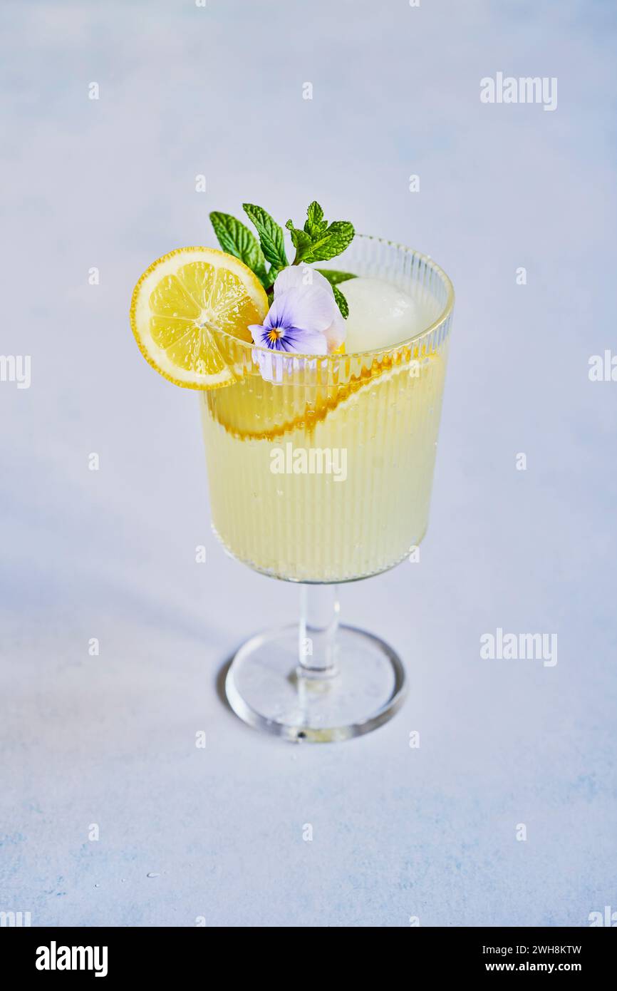 Lemon Mint Lemonade Mocktail on Light Blue Background with Lemon, Mint ...