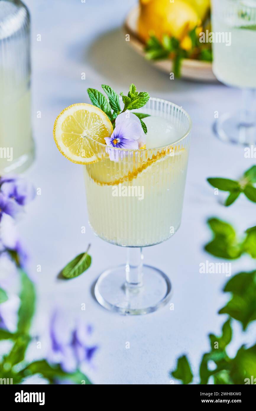 Lemon Mint Lemonade Mocktail on Light Blue Background with Lemon, Mint ...